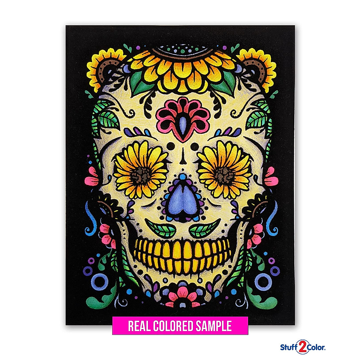 Stuff2Color Sugar Skulls Fuzzy Velvet Halloween Coloring Posters (Day of The Dead and Dia de Los Muertos) - 6 Pack - Great Halloween Arts and Craft Activity for Kids, Toddlers, Teens and Adults