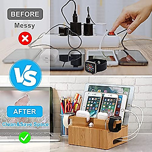 Bamboo Charging Station Organizer for Multiple Devices (Included 5 Port USB Charger, 6 Pack Charge & Sync Cable, with Earbuds & Watch Stand), Electronic Device Desktop Stations for Cell Phone, Tablet