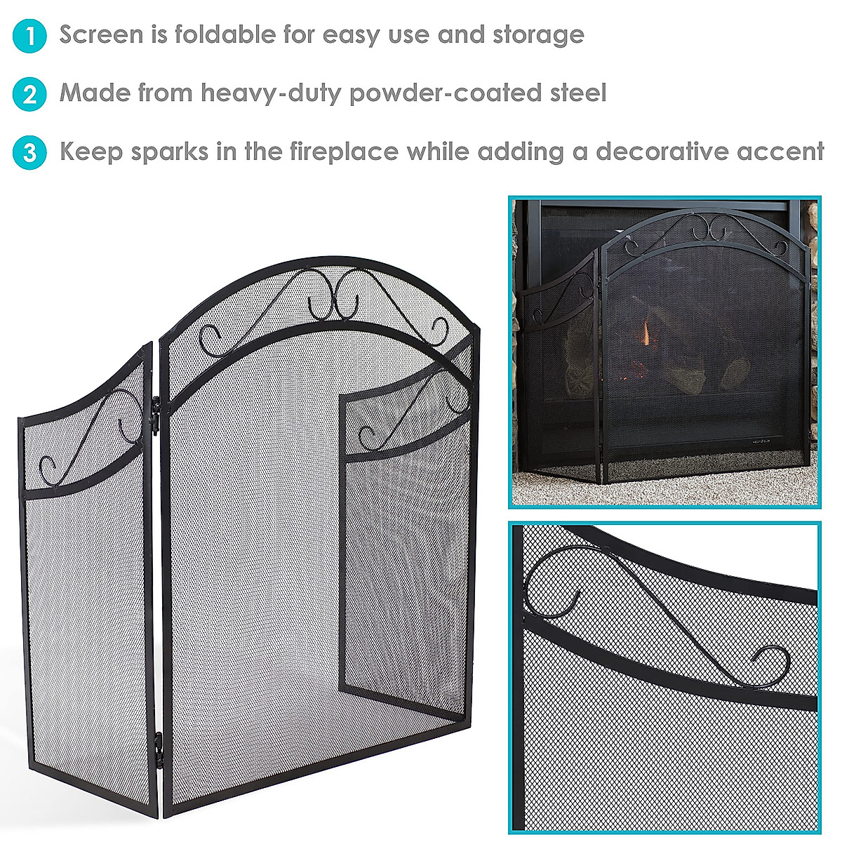 Sunnydaze Elegant Scrolling Design Steel 3-Panel Fireplace Screen with Black Powder-Coated Finish