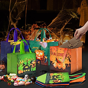 AhfuLife 6 Pcs Halloween Trick or Treat Bags, Halloween Candy Tote Bags with Handles, Reusable Halloween Non-Woven Gift Bags for Halloween Party Supplies Favors (7.8×7.8×5.9’’)