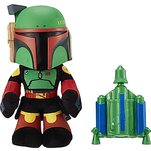 Mattel Star Wars Plush 12-inch Toy, Boba Fett Rocket Launching Soft Doll, Removable Air-Powered Rocket Launcher with Projectile
