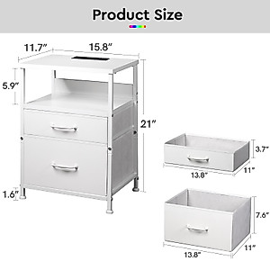 YeTom White Nightstand with Charging Station, LED Night Stand with 2 Fabric Drawers, Side Table with Open Shelf, End Table with Outlets and USB Ports, 2 Drawer Dresser for Bedroom