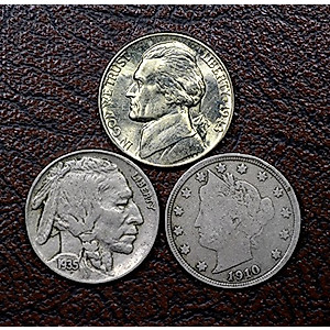 Old U.S. Nickels 3 Coin Collection Set - Liberty Head Nickel, Buffalo Nickel, Jefferson Silver War Nickel