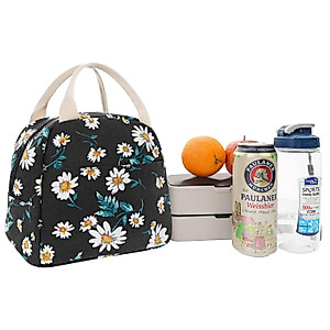 EurCross Women's Lunch Bags for Work with Chic Floral Daisy Pattern,Canvas Stylish and Insulated Black Lunch Tote Bento box Bag Carrier of On-the-Go Storage