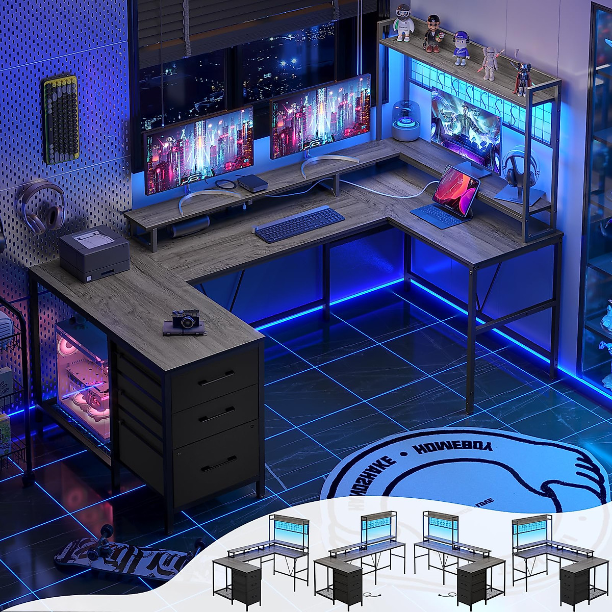 UPOSOJA U Shaped Gaming Desk with Hutch, 98.4in Reversible L Shaped Computer Desk with Power Outlets, Home Office Desk LED Light, Monitor Stand 3 Drawers Shelves 6 Hooks(Grey)