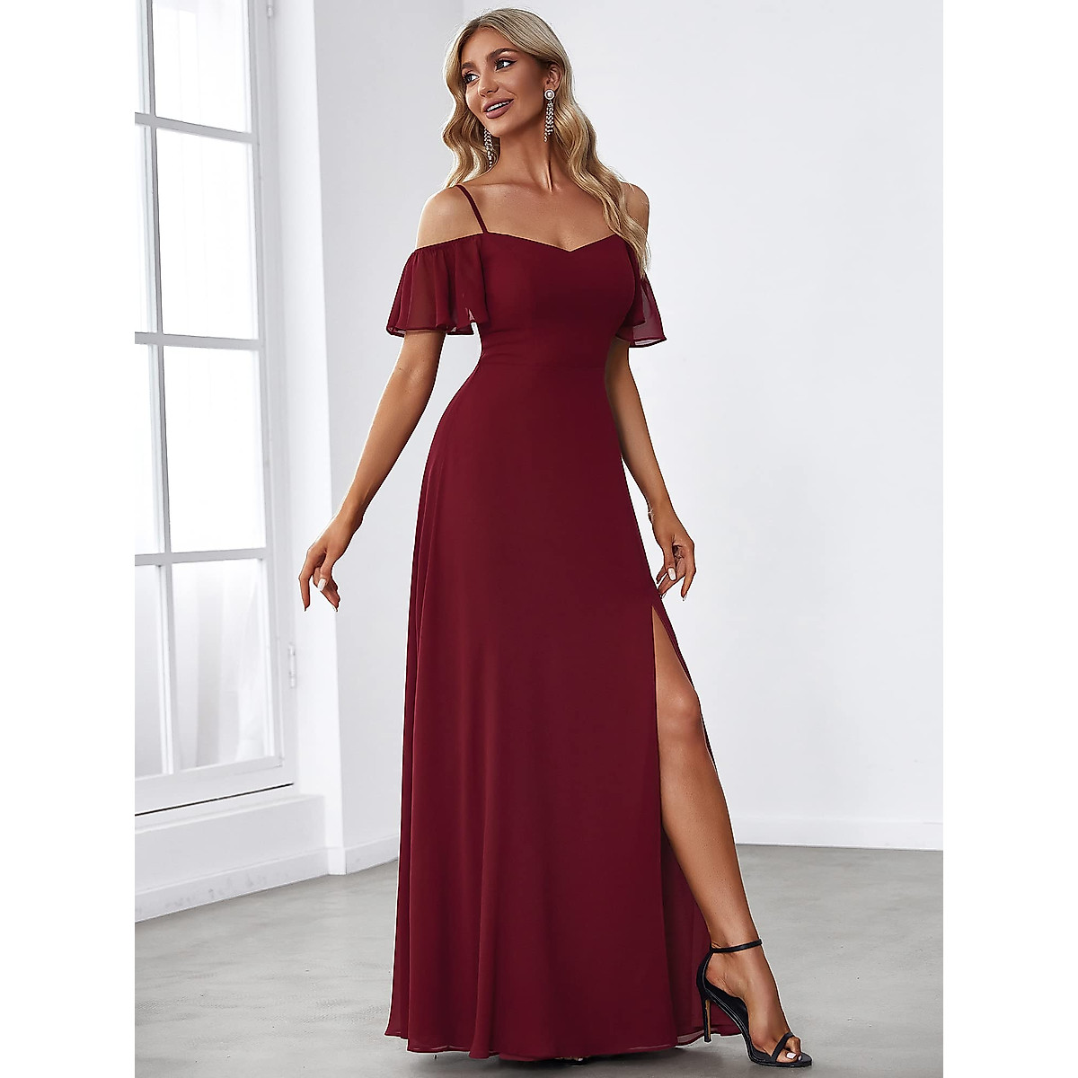 Ever-Pretty Women's Formal Dresses Off Shoulder Short Sleeve Split A-Line Floor Length Bridesmaid Dresses Burgundy US20