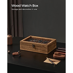 SONGMICS Watch Box, 10-Slot Watch Case, Solid Wood Watch Box Organizer with Glass Lid, Watch Display Case with Removable Pillows, Gift for Loved Ones, Rustic Walnut UJOW100K01