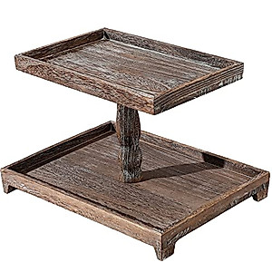 Farmhouse Tiered Tray Stand Rustic Wood Tiered Tray Decor Holder Farmhouse Wooden Tiered Tray Decorative 2 Tier Rectangular Tray Serving Farmhouse Two Tiered Stand for Home Kitchen Cake (Brown)