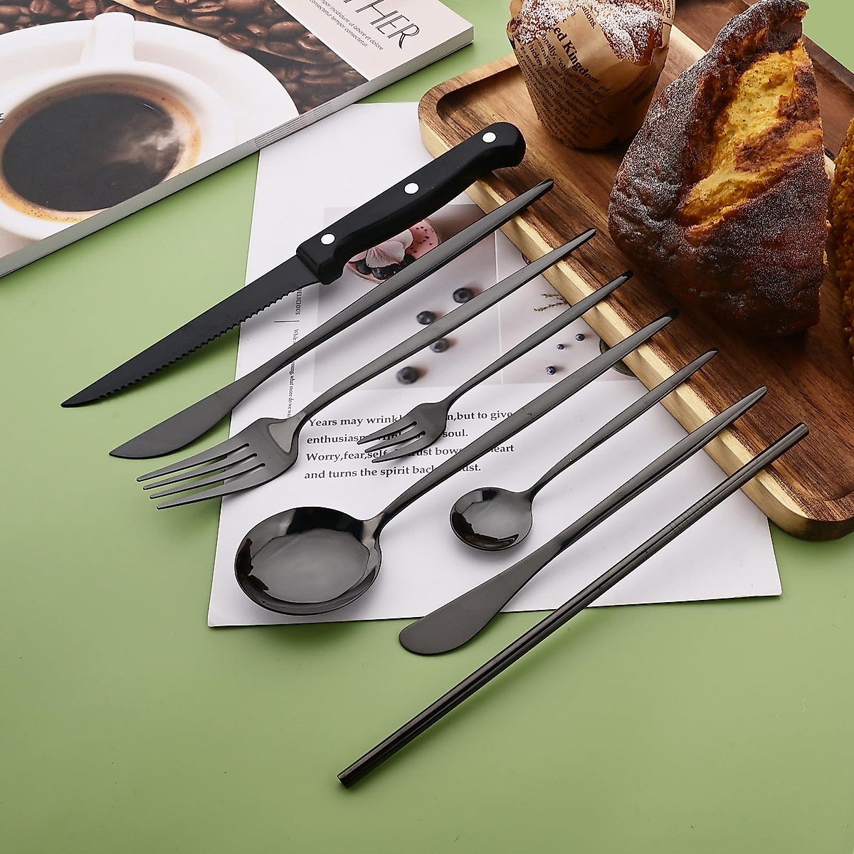 Uniturcky 62-Piece Black Flatware Set for 8 Stainless Steel Silverware Set with Steak Knives, Plus Reusable Metal Straws and Butter Knives, Party Tableware Cutlery Set, Mirror Polished