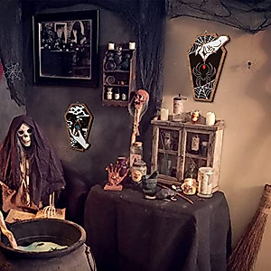 CHDITB Gothic Home Decor Coffin Hanging Sign(Set of 4, 6.3"x 10.43"), Spooky Coffin Shaped Door Hanger with Witch Hands Spider Butterfly, Retro Goth Horror Wood Sign for Home Party Haunted House