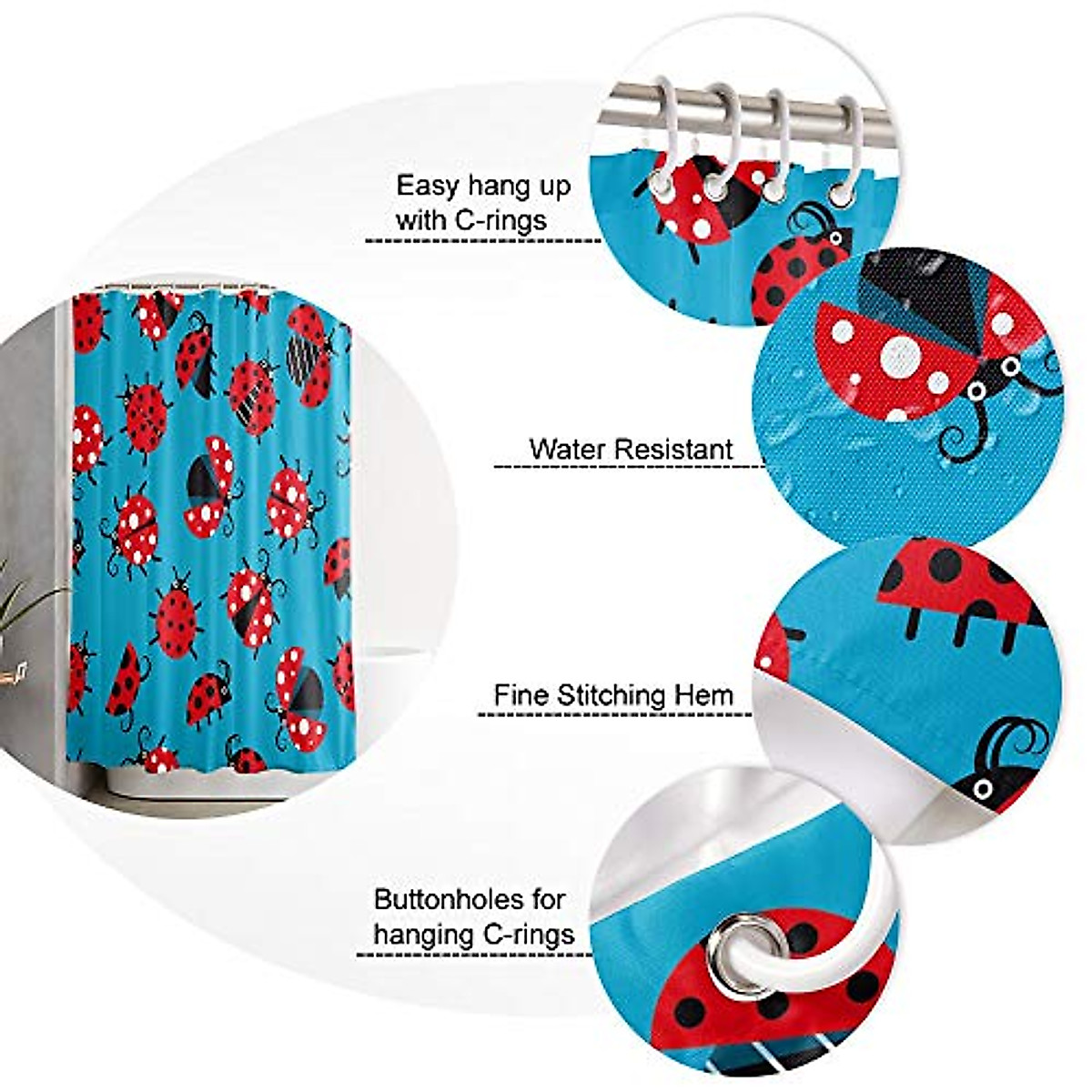 4 Piece Shower Curtain Sets Cute Ladybug Red Black Carapace Insect Dense Animal Blue Non-Slip Rug, Toilet Lid Cover, Bath Mat Waterproof Shower Curtain Bathroom Sets with 12 Hooks Bath Decor
