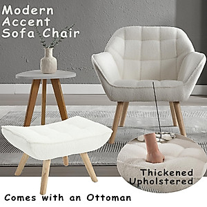 ZH4YOU Sherpa Accent Chair with Ottoman, Modern Lounge Chair with Footrest Upholstered Sofa Armchair with Wood Legs Comfy Reading Chair for Small Spaces/Living Room/Bedroom/Apartment, White