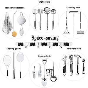 AceMining 3 Pack 5 Racks and 4 Hooks Broom and Mop Holder Wall Mounted Garage Organizer Storage Tool Racks Stainless Steel Heavy Duty Hooks Self Adhesive Solid Non-slip Wall Hangers…