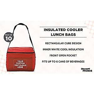 DISCOUNT PROMOS Custom Small Lunch Bags Set of 10, Personalized Bulk Pack - Insulated, Fits 6 Cans, Perfect for the Office, Picnic, Beach - Red