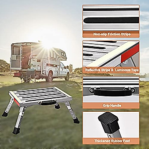 Soctone RV Step, Adjustable Height Folding Platform Step with Non-Slip Rubber Feet, Reflective Strips, Handle and Glow in The Dark Tape, Aluminum Step Stool Can Support Up to 1000lbs