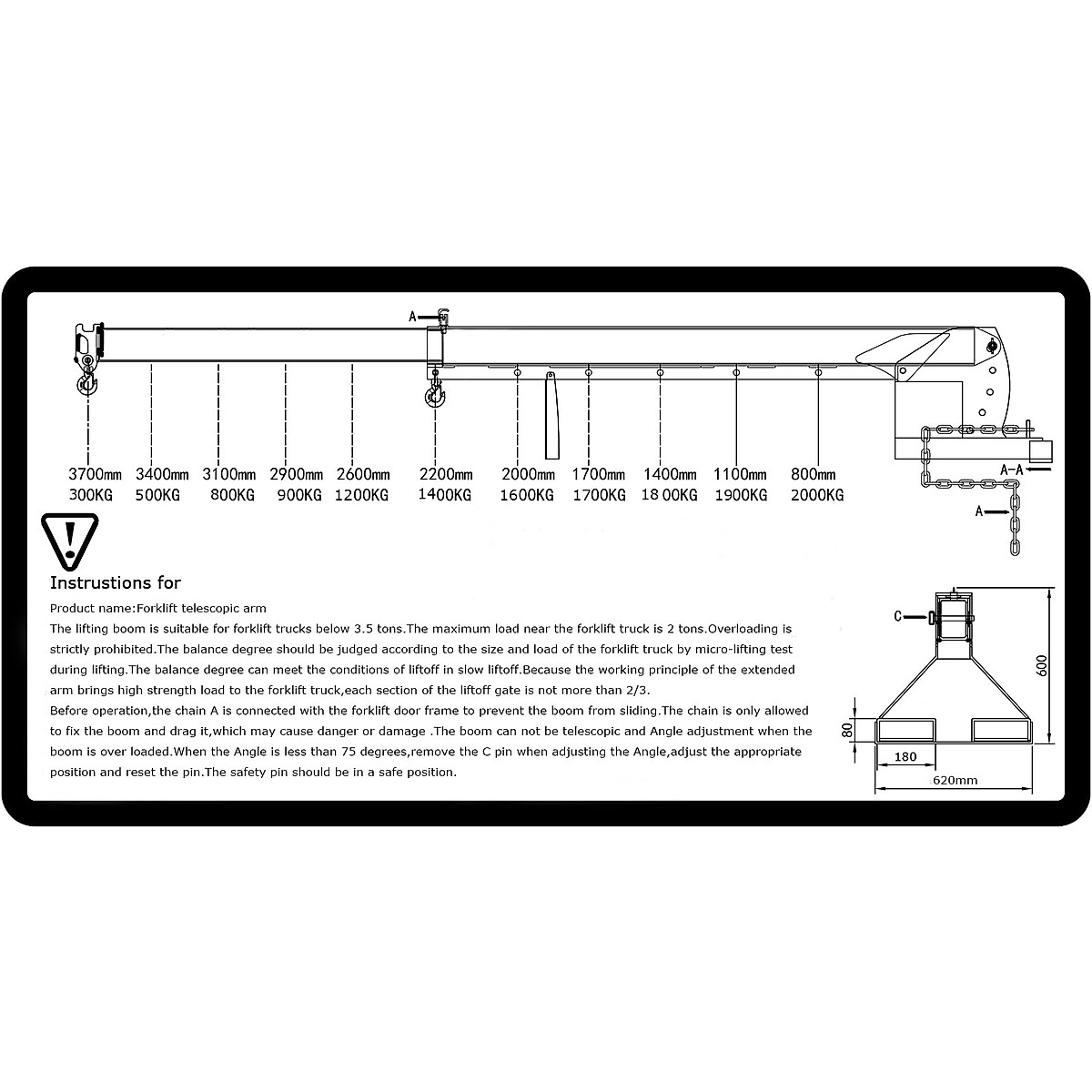 LGXEnzhuo 4400LB Forklift Jib Boom Crane, Forklift Mobile Crane Lifting Hoist with 2 Hooks, Boom Length 7-11 ft, Adjustable Angle 0-75°, Forklift Boom Attachment Towing Handling Equipment