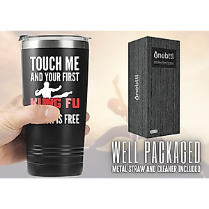Onebttl Kung Fu Gifts For Men Women, Gifts for Kung Fu Lover, Touch Me and Your First Kung Fu Lesson is Free 20 oz Stainless Steel Insulated Tumbler with Straw, Lid