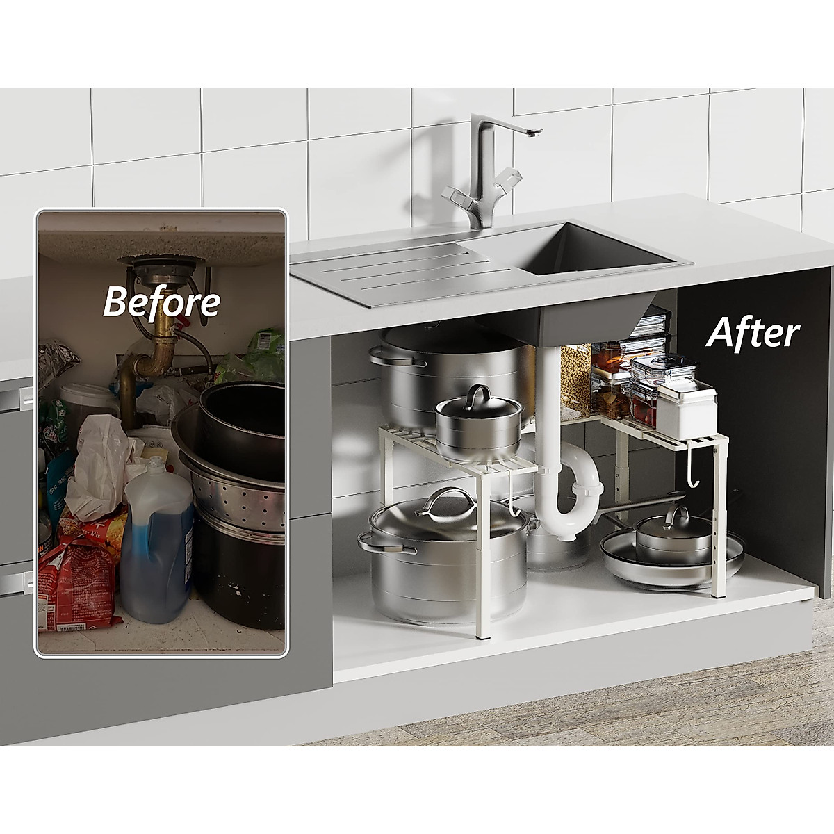 TEMSTE Expandable Under Sink Organizers and Storage,Bathroom Under the Sink Organizer Kitchen, Under Sink Shelf with 2 Removable Hooks, Undersink Organizers with EXPANDABLE HEIGHT DEPTH & WIDTH, White