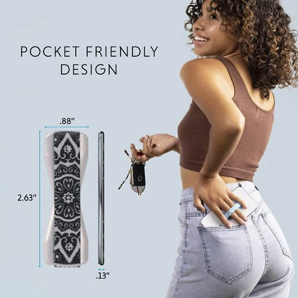 Phone Grip for Most Smartphones and Mini Tablets, Boho Silver Colored Elastic Strap with Silver Base, LH-01-BohoSilver