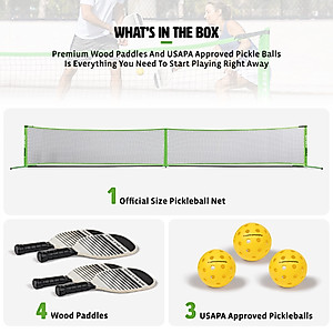 Pro Focus Pickleball Net Set – Includes 4 Player Wooden Pickleball Paddles and 3 Pickleballs; Outdoor and Indoor Fun for Adults and Families, All Skill Levels