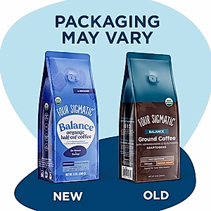 Four Sigmatic Organic Balance Adaptogen Ground Coffee | Medium Roast USDA Organic, Fair Trade Coffee with Ashwagandha, Chaga Mushroom, Eleuthero and Tulsi | Focus and Energy Boosting Coffee | 12oz Bag