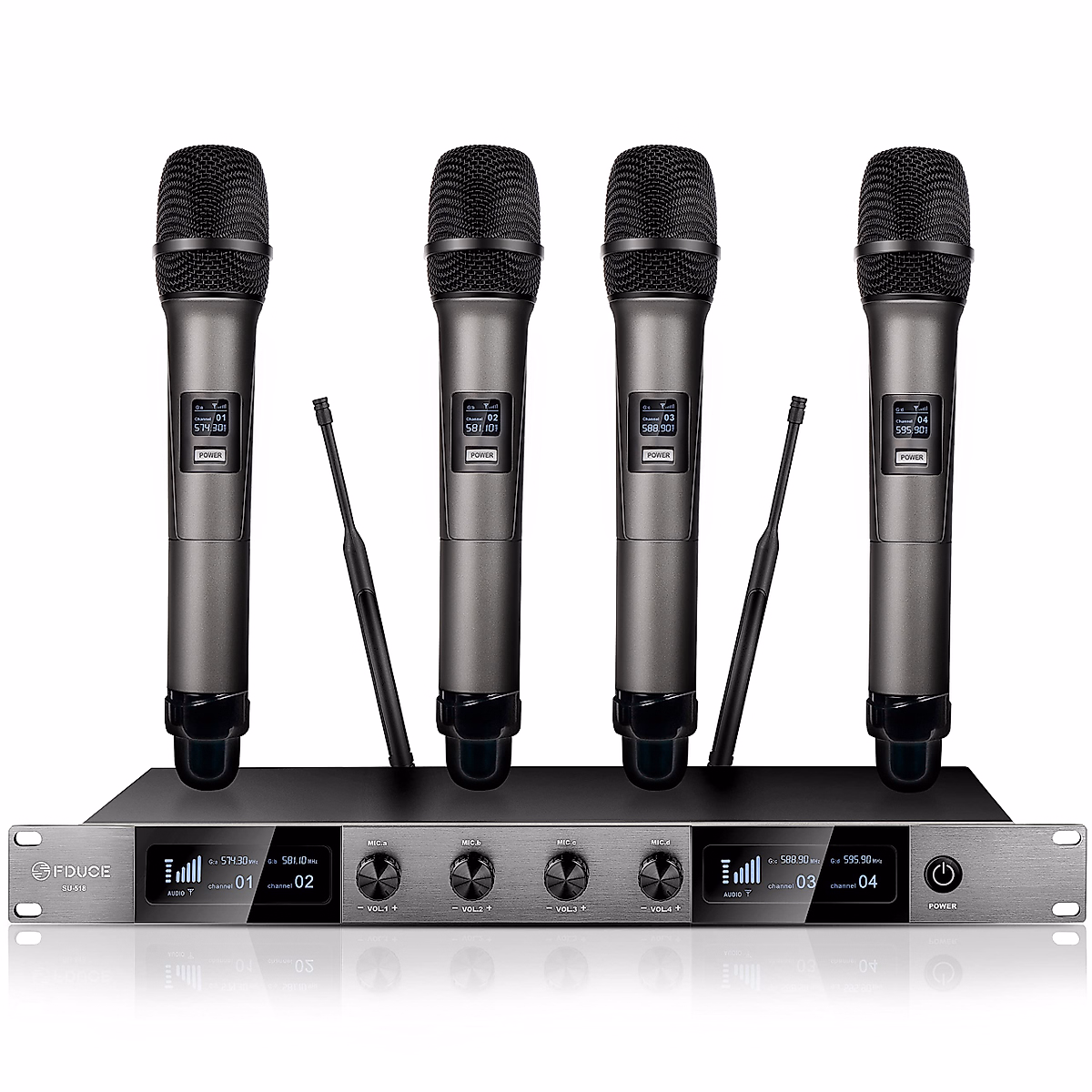 FDUCE Wireless Microphons System, 4-Channel UHF Handheld Mics Set of 4 Cordless Microphone, FCC Fixed Frequency, Volume Control, Wide Use for Karaoke, Party, Conference, Wedding, Church(SU518)