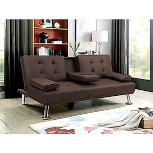 YESHOMY Futon Sofa Bed, Modern Faux Leather Convertible Folding Lounge Couch for Living Room with 2 Cup Holders Removable Soft Armrest and Sturdy Metal Legs, Black