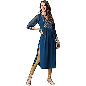 Janasya Indian Women's Teal Poly Crepe Kurta for Women