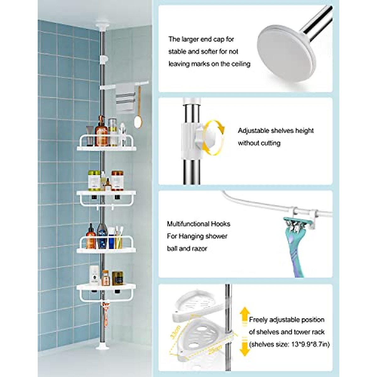 ROOMATIC 4 Layer Corner Shower Caddy, Adjustable Shower Shelf, Constant Tension Stainless Steel Pole Organizer, Rustproof 3.3 to 9.8ft