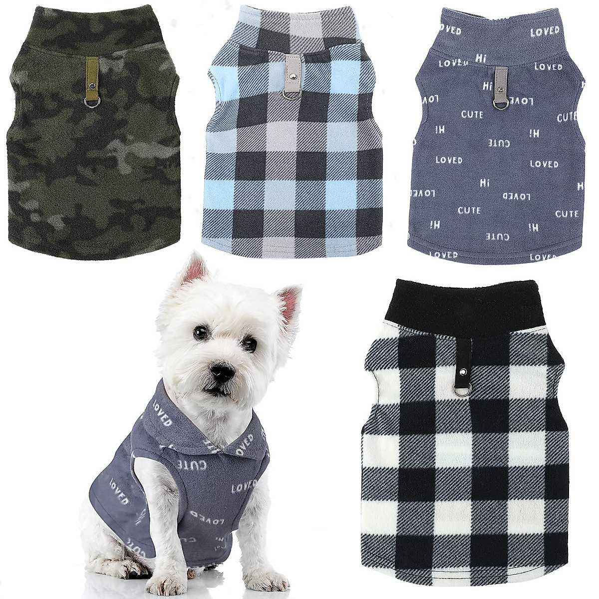 4 Pieces Winter Fabric Dog Sweater with Leash Ring Soft Fleece Vest Dog Clothes Plaid Camouflage Warm Puppy Dog Jacket Pullover Clothes for Small Dogs Cat Puppy Chihuahua(XS)