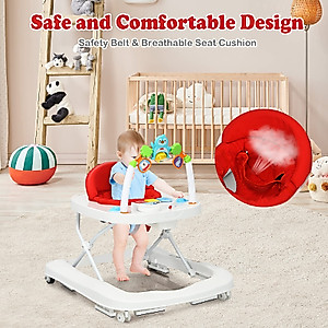 INFANS Foldable Activity Baby Walker, 2 in 1 Anti-Rollover Toddler Walker Helper with Adjustable Height and Speed Safety Belt, Music Center for Boys and Girls (Red)