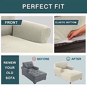 FantasDecor Chaise Lounge Cover Stretch Chair Lattice Slipcover with Armrests for Living Room Bedroom Double Arm Soft Jacquard Fabric Machine Washable, Beige