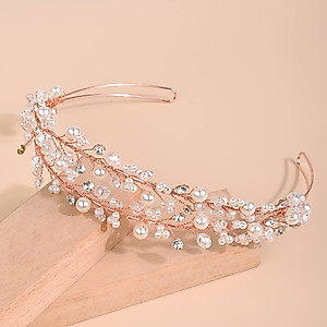 Kercisbeauty Wedding Bridal Pearl and Crystal Rose Gold Hair Tiaras Boho Cute Beaded Princess Crown Banquet Party Special Occasion Handmade Jewelry for Women Girls (Rose Gold)