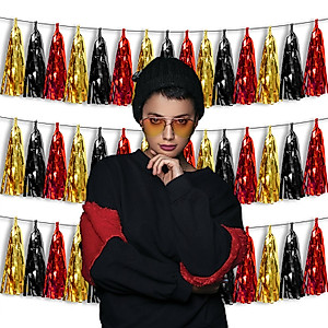 3P Metallic Fringe Banner Garland Foil Tinsel Streamer Wall Hanging Curtain Backdrop Banners for Parade Floats Graduation Decorations, Baby Bridal Shower Party Decoration(Red-Black Gold)