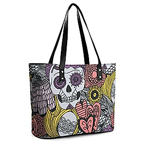 Womens Handbag Skull Floral Pattern Leather Tote Bag Top Handle Satchel Bags For Lady