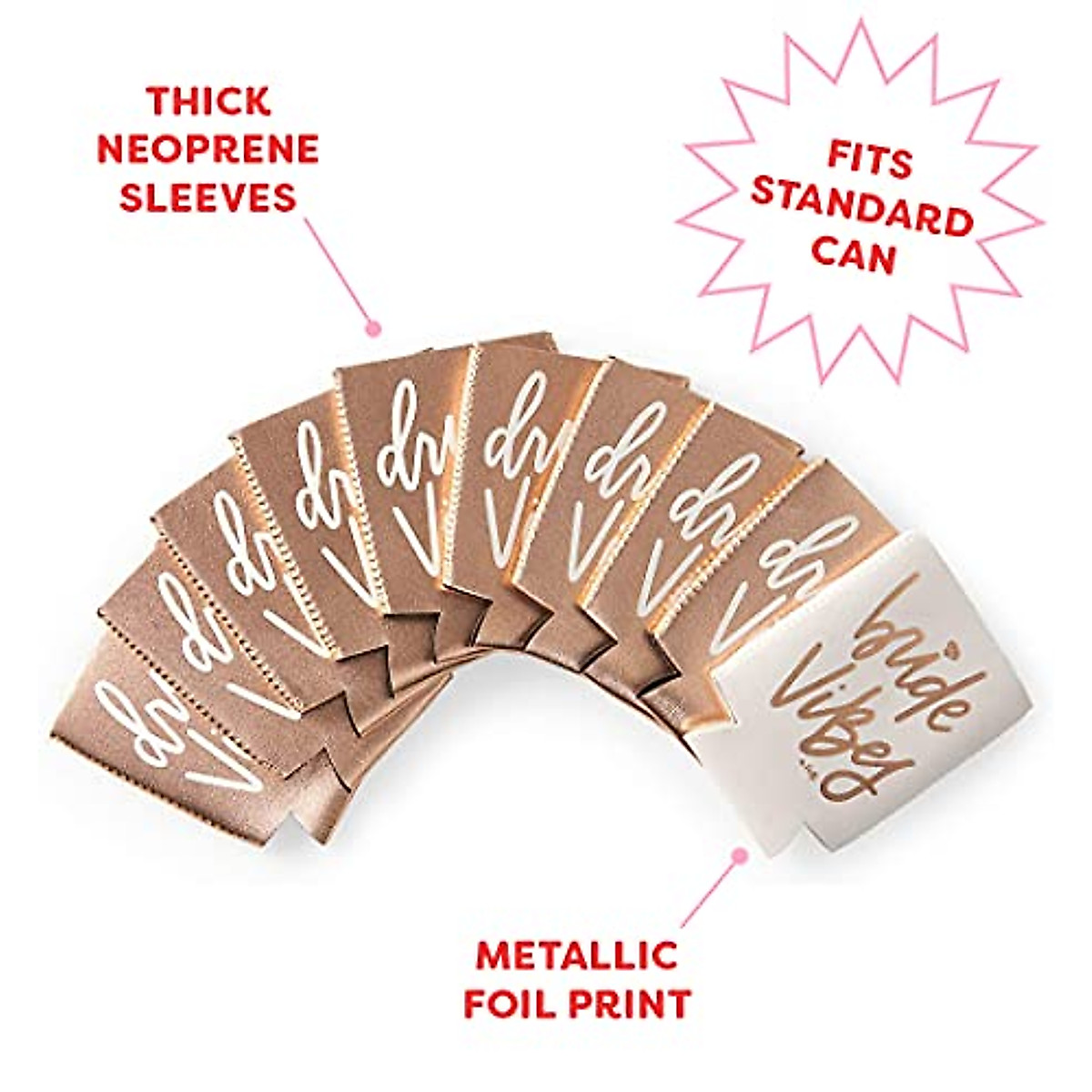 xo, Fetti Bachelorette Party Bride Vibes Can Cooler - White + Rose Gold, 10 Count | Neoprene Holder, Drink Sleeve,Bridal Shower, Engagement Party Decoration and Bride To Be Gift