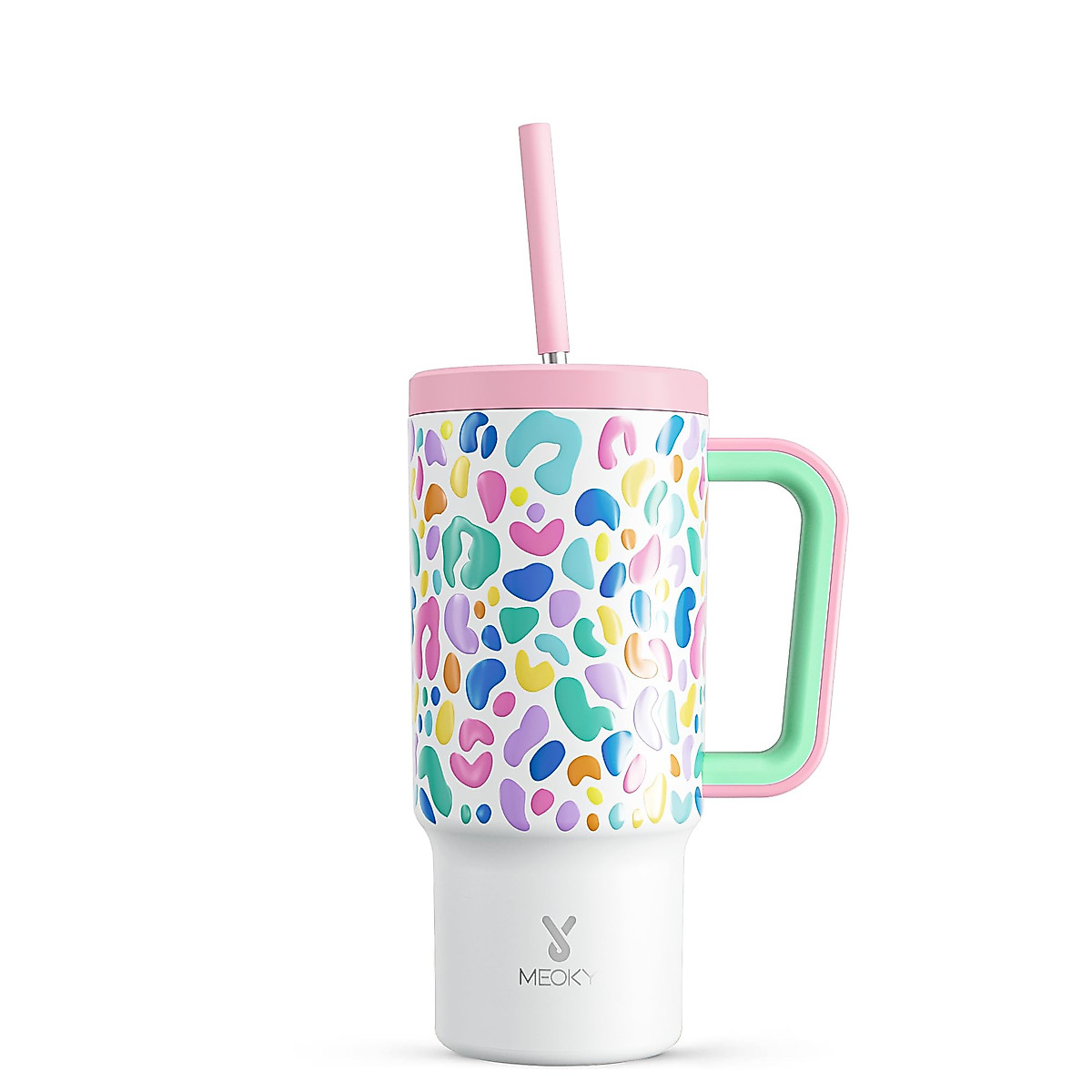 Meoky 24 oz Tumbler with Handle and Straw, 100% Leak-proof Tumbler with Lid and Straw, Insulated Stainless Steel Travel Coffee Mug, Keeps Cold for 24 Hours (Leopard)