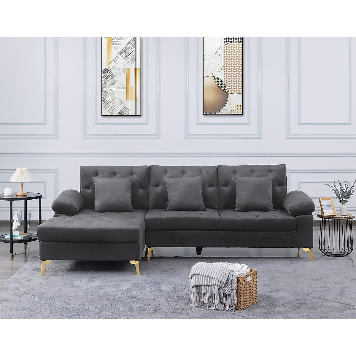 KoiHome Sectional Sofa 96.5" Left Hand Facing Velvet Button Tufted, 3-Seater Sleeper Couch with 3, Pillow top Arms, Modern L-Shape Chaise for Living, Bedroom,Waiting Room, Dark Grey