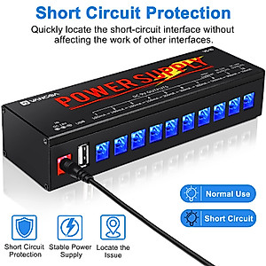 Vangoa Guitar Pedal Power Supply 10 Truly Isolated Outputs, Portable Pedal Board Power Supply with USB for 9V/12V/18V Effect Pedal Power Supply
