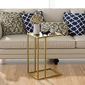 C Shaped End Side Table Set of 2,Couch Sofa Table for Small Space,Tempered Glass Snack Side Table with Metal Frame for Living Room, Bedroom, Bedside, Modern Style, Gold