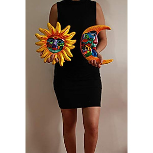 Yellow Hand Painted Authentic Mexican Sun and Moon Wall Decor, Patio Wall Decorations, Summer Wall Ceramic Decor, Moon Decor, Mexican Art for Home and Garden, Outdoor Wall Art 12 inches