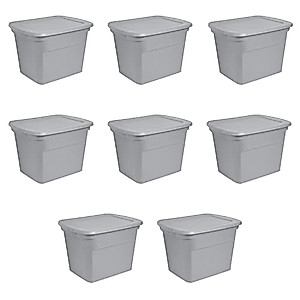 Sterilite 18 Gal Storage Tote, Stackable Bin with Lid, Plastic Container to Organize Clothes in Closet, Basement, Gray Base and Lid, 8-Pack