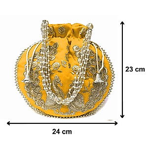 Potli Bag for Women yellow Indian Pearls Handle Purse Wedding Ethnic Designer Clutch Embroidered Silk Gifts Batwa H*L(cm):- 23 * 24)