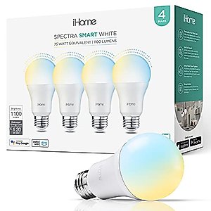 iHome Spectra Smart White Lights, 1100 Lumens 10W, 75W Equivalent, A19 E26 Tunable and Dimmable WiFi Smart Bulb, No Hub Required, Works with Alexa and Google Home, 4 Pack