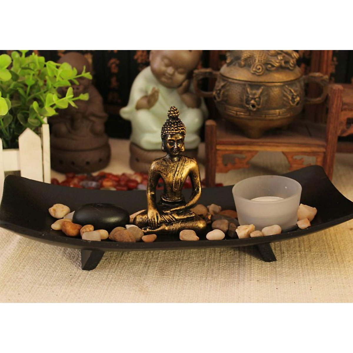 Buddha Statue Zen Garden Buddha Statue Tabletop Buddhism Feng Shui Ornament with Bronze Tealight Candle & Incense Burner Holder for Home Office Yoga Room Decoration