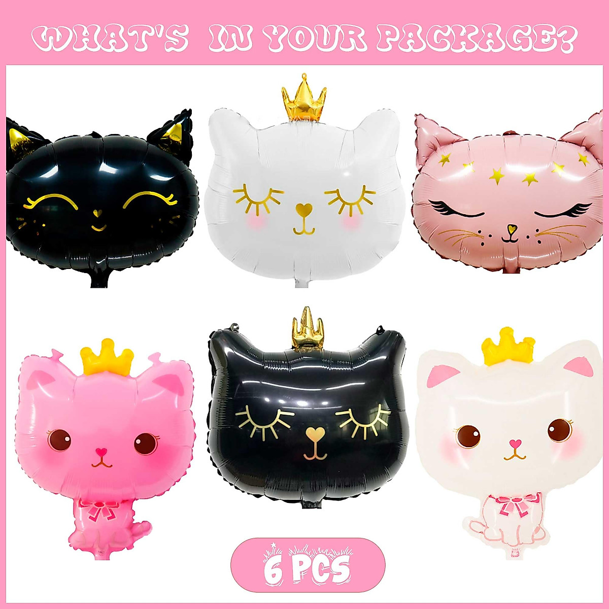 Crown Cat Foil Balloons Cat Balloons Pink White Cute Cat Balloons for Child Kitten Pet Theme Cartoon Baby Shower Wedding Kids Birthday Party Supplies (6pcs)