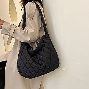 Women Shoulder Bag Lattice Pattern Shoulder Bag Large Capacity Tote Bags Space Cotton Quilted Shopper Bag(white)