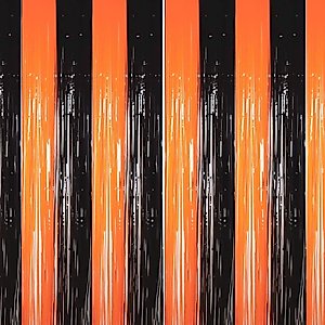 Dazzle Bright 4 Pack Backdrop Curtain, 3FT x 8FT Metallic Tinsel Foil Fringe Curtains Photo Booth Background for Baby Shower Birthday Wedding Halloween Party Decorations (Orange and Black)
