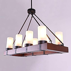 NIUYAO Industrial 8-Lights Pendant Light Wood Island Lighting Vintage Style Rectangular Chandelier Rustic Ceiling Lamp with Alabaster Glass Shade for Dining Room Kitchen Living Room 487111
