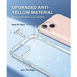 BERFY 5 in 1 for iPhone 13 Case Glitter, with 2X Screen Protector + 2X Camera Protector, [Not Yellowing] Sparkly Bling Shockproof Hard Back Slim Protective Phone Cover for Women, 6.1" (Glitter Clear)